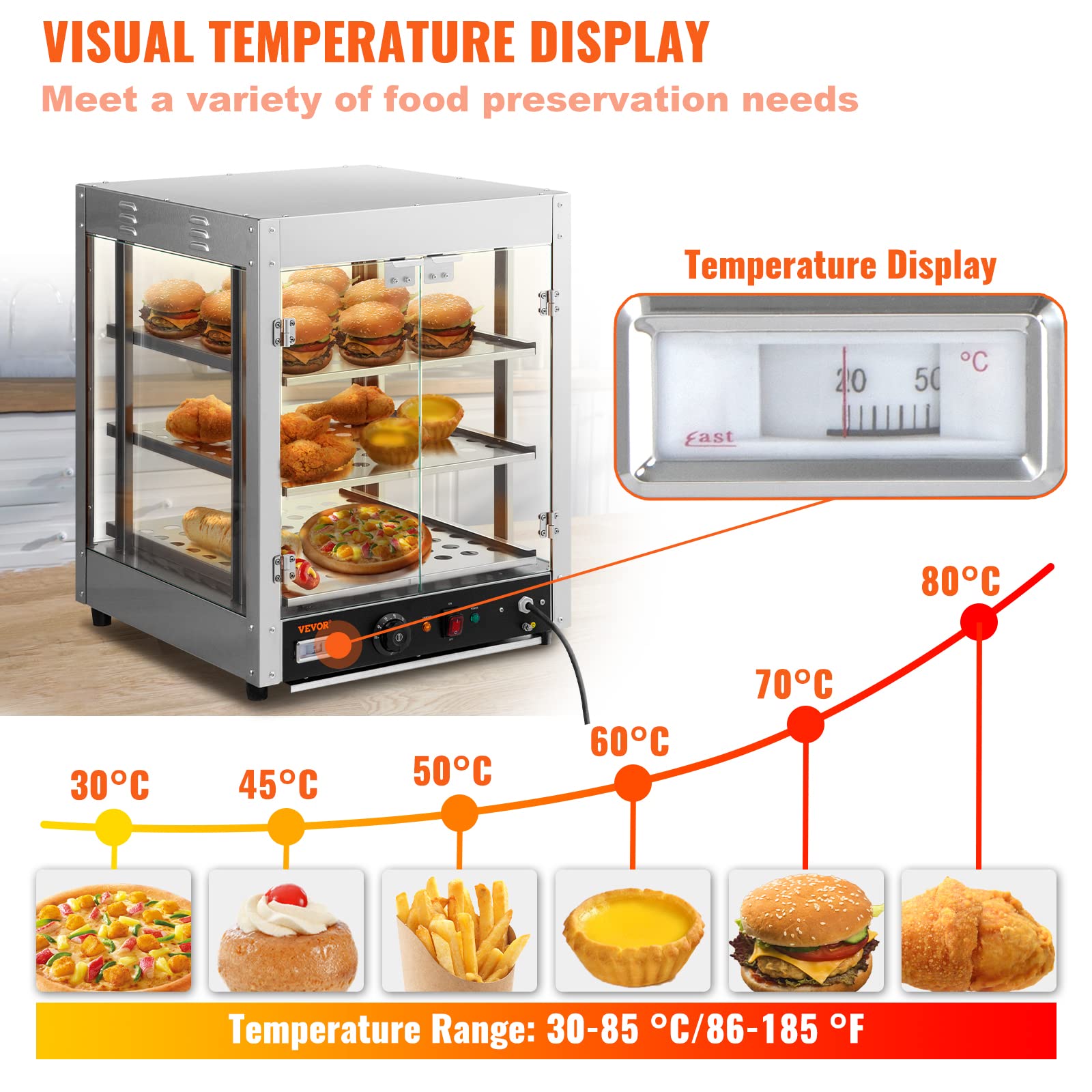 VEVOR 3-Tier Food Display Warmer, 800W, with Multidirectional Heating, Tri-Color Illumination & Bottom Fan. Features Temperature Control, 0.6L Water Tray for Humidity, Durable Stainless Steel & Gla