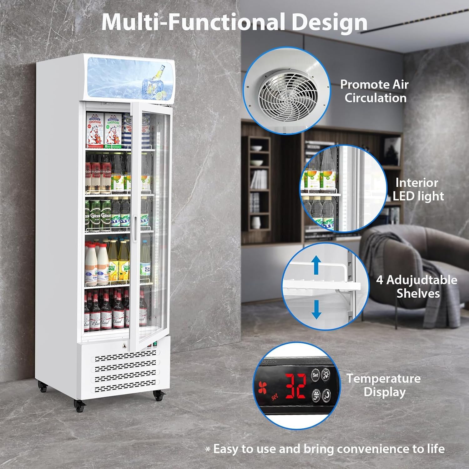 ExploreHorizon Commercial Display Beverage Fridge with Glass Door Display Refrigerator Drink Cooler Case Fridge 11.3 Cu.Ft/320L Merchandiser Refrigerators with 4 Adjustable Shelves Lightbox, White