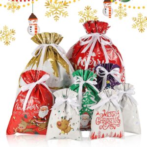 christmas drawstrings gift bags, 2024 new christmas gift bags assorted sizes christmas wrapping bags multipack, holiday drawstring gift bags multicolor xmas gift treat bags (24)