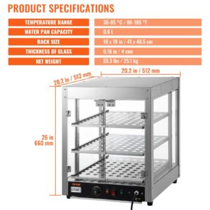 VEVOR 3-Tier Food Display Warmer, 800W, with Multidirectional Heating, Tri-Color Illumination & Bottom Fan. Features Temperature Control, 0.6L Water Tray for Humidity, Durable Stainless Steel & Gla