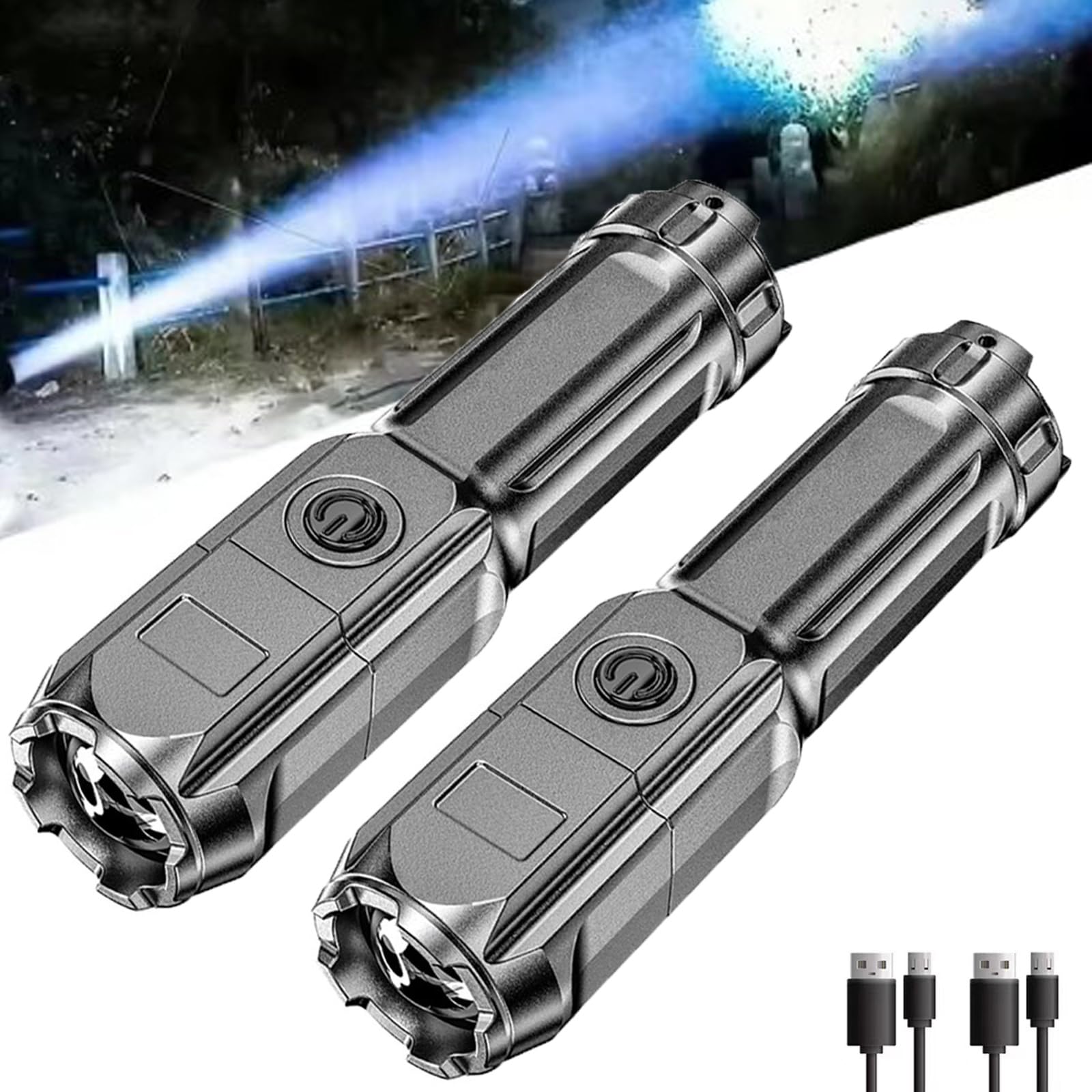 Cenbini 2PCS Peachloft Flashlight, Powerful LED Flashlight, Waterproof Zoom 3 Lighting Modes USB Rechargeable Torch for Outdoor Hiking Emergency (Gray Black)