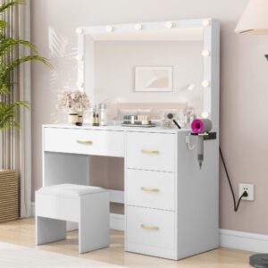 yitahome vanity desk with large mirror, 11 light bulbs, power outlet, 3 lighting modes, 4 drawers, and cushioned stool for bedroom