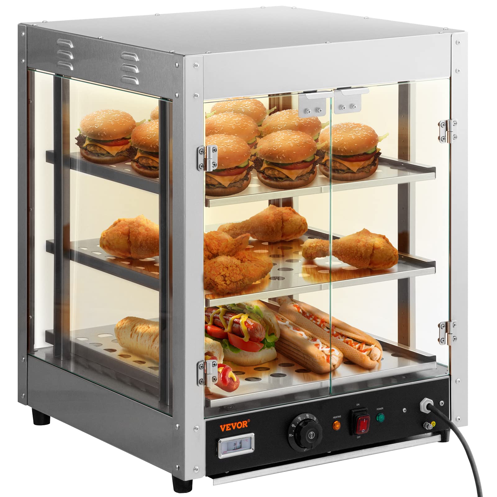 VEVOR 3-Tier Food Display Warmer, 800W, with Multidirectional Heating, Tri-Color Illumination & Bottom Fan. Features Temperature Control, 0.6L Water Tray for Humidity, Durable Stainless Steel & Gla