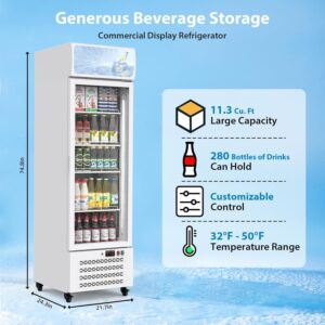 ExploreHorizon Commercial Display Beverage Fridge with Glass Door Display Refrigerator Drink Cooler Case Fridge 11.3 Cu.Ft/320L Merchandiser Refrigerators with 4 Adjustable Shelves Lightbox, White