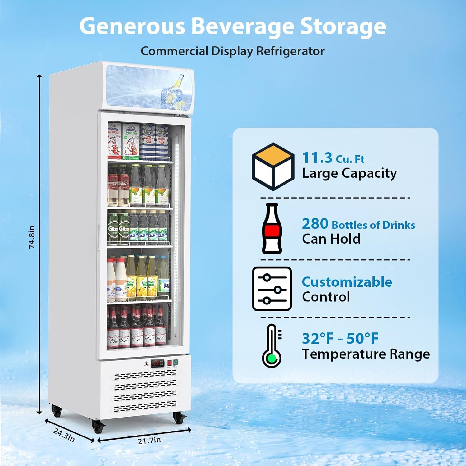 ExploreHorizon Commercial Display Beverage Fridge with Glass Door Display Refrigerator Drink Cooler Case Fridge 11.3 Cu.Ft/320L Merchandiser Refrigerators with 4 Adjustable Shelves Lightbox, White