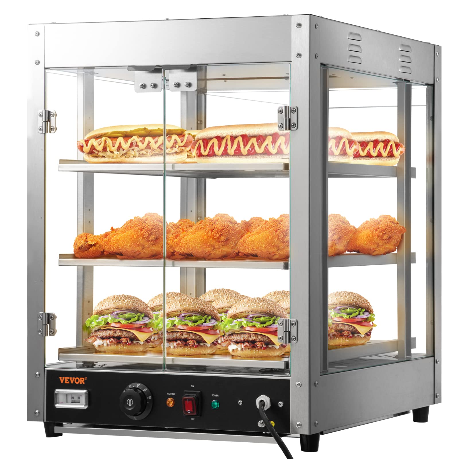 VEVOR 3-Tier Food Display Warmer, 800W, with Multidirectional Heating, Tri-Color Illumination & Bottom Fan. Features Temperature Control, 0.6L Water Tray for Humidity, Durable Stainless Steel & Gla