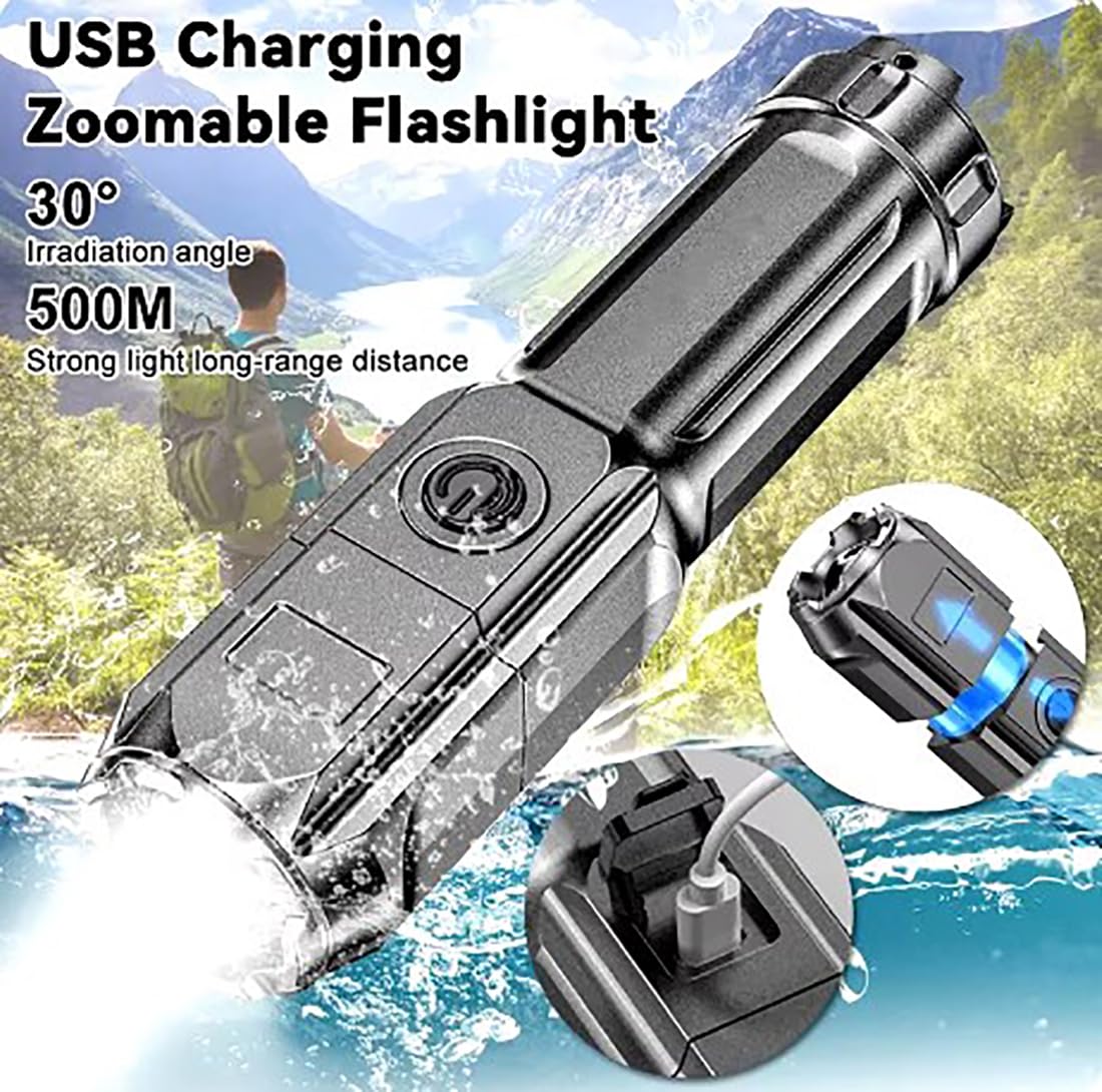 Cenbini 2PCS Peachloft Flashlight, Powerful LED Flashlight, Waterproof Zoom 3 Lighting Modes USB Rechargeable Torch for Outdoor Hiking Emergency (Gray Black)