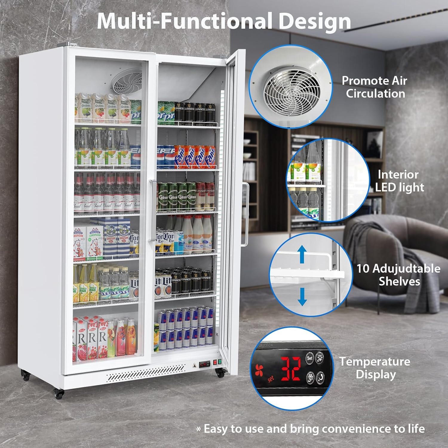 ExploreHorizon Double Door Merchandiser Refrigerator Commercial Display Beverage Fridge