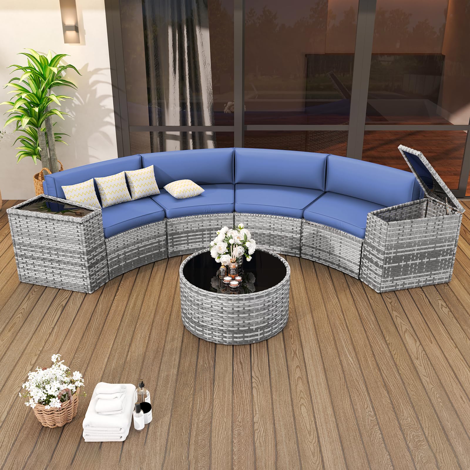 VONZOY Patio Sectional Furniture Outdoor 7-Piece Grey Rattan Curved Sofa Set with Storage Table,Pillows,Fit for Pool Backyard Balcony Porch Lawn(Navy)