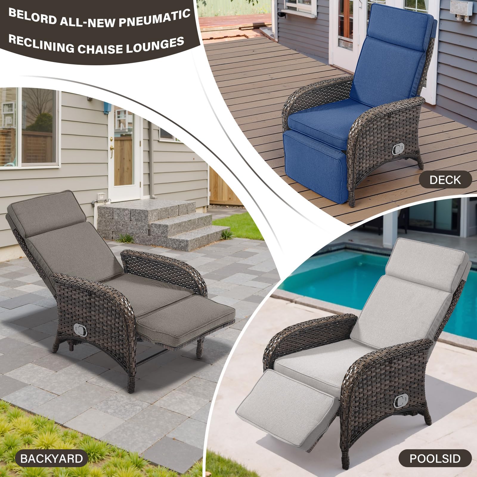 Belord Versatile Outdoor Recliner Chair - Reclining Patio Chair with Adjustable Backrest and Footrest, All-Weather Wicker Chaise Lounge Chair Outdoor for Pool Deck Brown