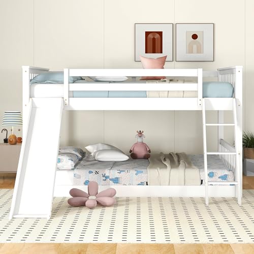 Floor Bunk Bed with Slide and Ladder, Full Over Full Bunk Beds for Kids, Kids Bunk Beds with Full-Length Guardrail and Salts, Wood Bunk Bed Full Over Full(White Full)