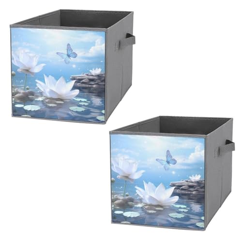 White Flower And Stone with Butterfly Foldable Storage Bins with Handles Storage Cubes Closet Organizer for Living Room Bedroom 2PCS