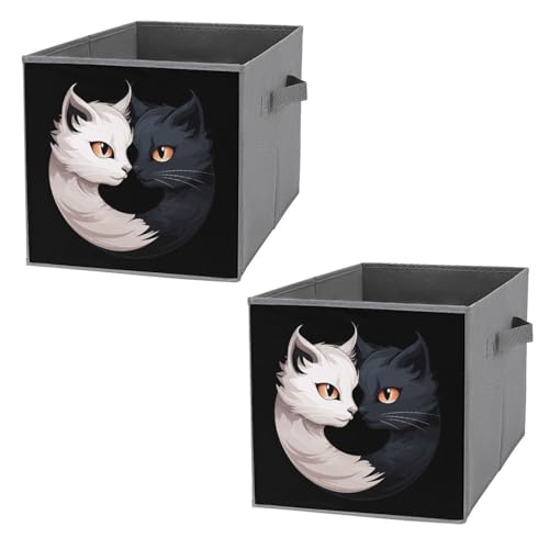 Yin And Yang Cats Funny Foldable Storage Bins with Handles Storage Cubes Closet Organizer for Living Room Bedroom 2PCS