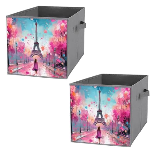 Paris Eiffel Tower Painting Foldable Storage Bins with Handles Storage Cubes Closet Organizer for Living Room Bedroom 2PCS