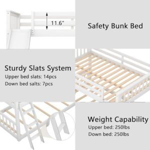 Floor Bunk Bed with Slide and Ladder, Full Over Full Bunk Beds for Kids, Kids Bunk Beds with Full-Length Guardrail and Salts, Wood Bunk Bed Full Over Full(White Full)