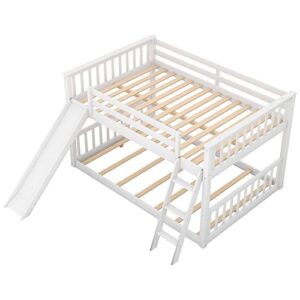 Floor Bunk Bed with Slide and Ladder, Full Over Full Bunk Beds for Kids, Kids Bunk Beds with Full-Length Guardrail and Salts, Wood Bunk Bed Full Over Full(White Full)