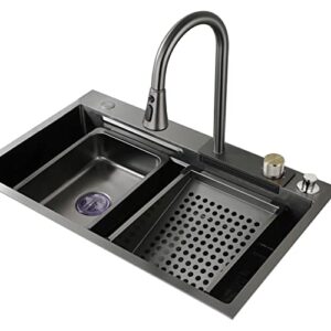 ixoakq undermount kitchen sink waterfall matte black topmount single bowl 304 stainless steel basin kitchen bath fixtures with integrated ledge and accessories, 68x46cm (black)