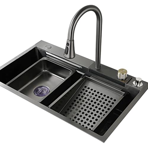 IXOAKQ Undermount Kitchen Sink Waterfall Matte Black Topmount Single Bowl 304 Stainless Steel Basin Kitchen Bath Fixtures with Integrated Ledge and Accessories, 68x46cm (Black)