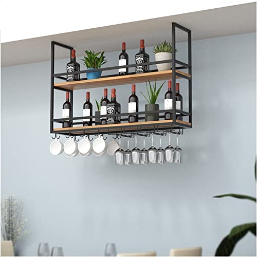 Ceiling Wine Glass Holder - Hanging Solid Wood Wall Shelves - Wall Mounted Iron Art Plant Stand, 2 Tier Kitchen Display Stand, Easy To Install Hanging Storage Rack, Bearing 70kg(80*30*80cm(31*12*31 in