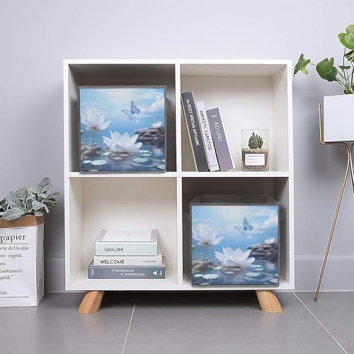 White Flower And Stone with Butterfly Foldable Storage Bins with Handles Storage Cubes Closet Organizer for Living Room Bedroom 2PCS