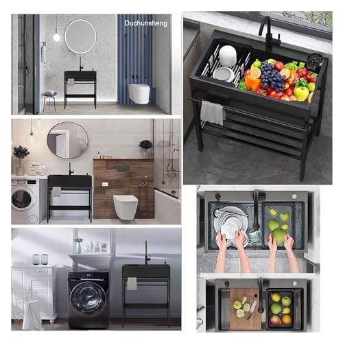 Stainless Steel Sink Free Standing Sink Commercial Outdoor Kitchen Sink Black, Single Bowl Compartment Workbench Sink Commercial Sink with Faucet, for Indoor Garage Laundry Utility Room (One Colo