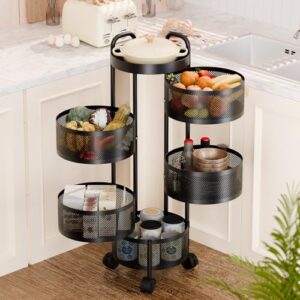 toxaaiwr fruit vegetable basket, rotating storage shelves rack, kitchen trolley on wheels, 5 tiers fruit basket storage container for kitchen, living room black