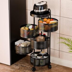 toxaaiwr Fruit Vegetable Basket, Rotating Storage Shelves Rack, Kitchen Trolley on Wheels, 5 Tiers Fruit Basket Storage Container for Kitchen, Living Room Black