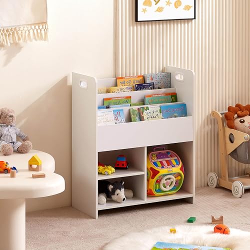 VECELO Kids Book Organizer - Wooden Children’s Bookshelf with 3-Tier Display and 2-Tier Storage Compartments, Easy-to-Access Toddler Bookcase for Playroom, Bedroom, or Nursery - White