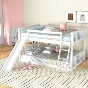 floor bunk bed with slide and ladder, full over full bunk beds for kids, kids bunk beds with full-length guardrail and salts, wood bunk bed full over full(white full)