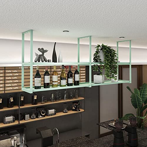 Ceiling Floating Shelves - Wall Mounted Wrought Iron Storage Rack, Hanging Wine Rack, Bar Hanging Display Rack, Ceiling Mount Display Rack, Easy Install Plant Holder/Wine Rack(Green,140*30*80cm(55*12*