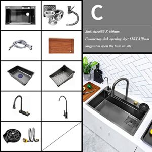 IXOAKQ Undermount Kitchen Sink Waterfall Matte Black Topmount Single Bowl 304 Stainless Steel Basin Kitchen Bath Fixtures with Integrated Ledge and Accessories, 68x46cm (Black)