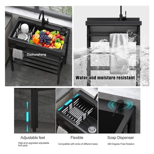 Stainless Steel Sink Free Standing Sink Commercial Outdoor Kitchen Sink Black, Single Bowl Compartment Workbench Sink Commercial Sink with Faucet, for Indoor Garage Laundry Utility Room (One Colo