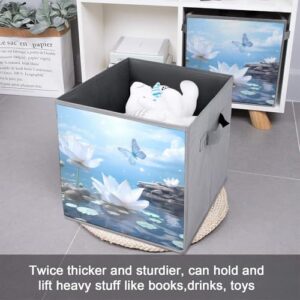 White Flower And Stone with Butterfly Foldable Storage Bins with Handles Storage Cubes Closet Organizer for Living Room Bedroom 2PCS