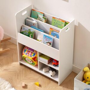 VECELO Kids Book Organizer - Wooden Children’s Bookshelf with 3-Tier Display and 2-Tier Storage Compartments, Easy-to-Access Toddler Bookcase for Playroom, Bedroom, or Nursery - White