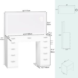 YITAHOME Makeup Vanity with LED Illuminated Mirror & Power Outlet, 46'' Vanity Desk Set Boasting 11 Drawers, Dressing Table with Storage Bench for Bedroom, 3 Lighting Color Adjustable, Off White