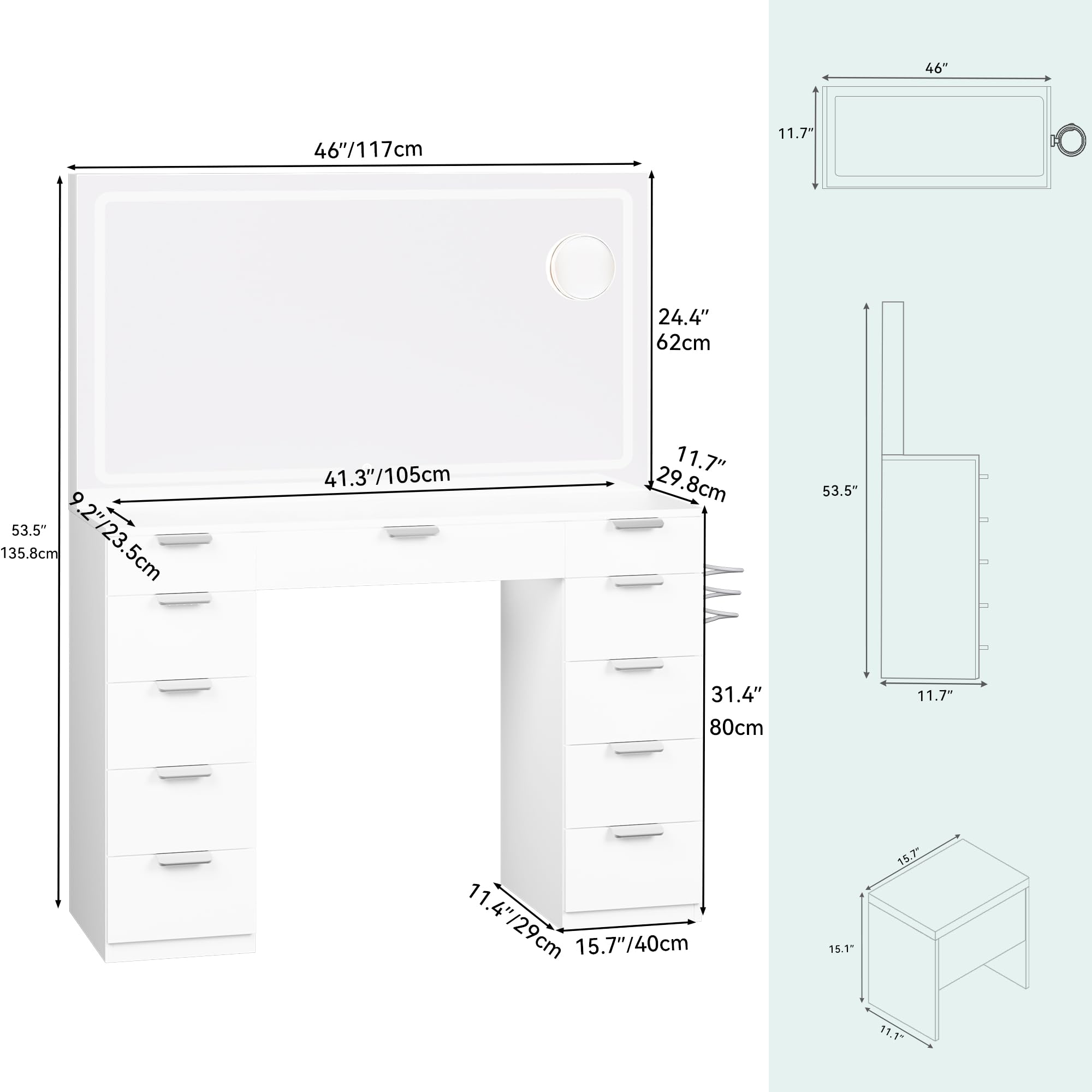 YITAHOME Makeup Vanity with LED Illuminated Mirror & Power Outlet, 46'' Vanity Desk Set Boasting 11 Drawers, Dressing Table with Storage Bench for Bedroom, 3 Lighting Color Adjustable, Off White