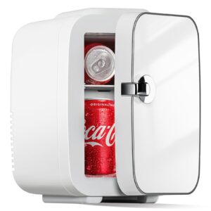 zibbizo upgraded mini fridge small portable refrigerator for skincare, bedroom, dorm, office, car, compact 4l/6 can cooler & warmer for food, drinks, white