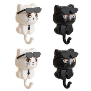 4 pieces cute cat key hook, cat key holder, sunglasses cat key hook, cute sunglasses cat adhesive coat hooks, cat hooks for wall, pet wall hooks for hanging key, bag, hat, towel