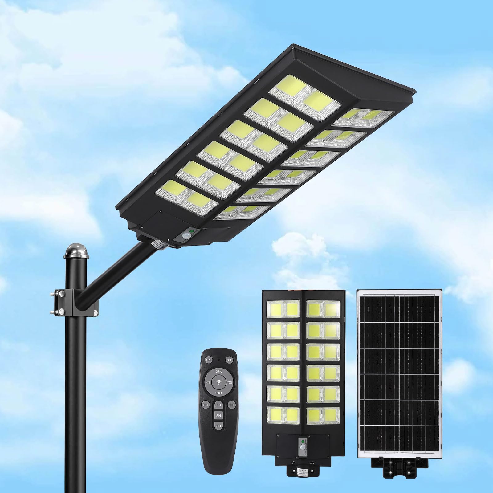 5200W Solar Street Lights Outdoor, Solar Security Flood Lights Parking Lot Lights Commercial Dusk to Dawn, IP67 Waterproof Led Solar Lights w Remote Control Motion Sensor for Street, Court, Barn