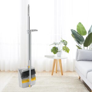 brooms and dustpan set, built-in combs and scraper, standing storage buckle type, 35" stainless steel long handle, lightweight, robust, for home, kitchen, office, floor cleaning