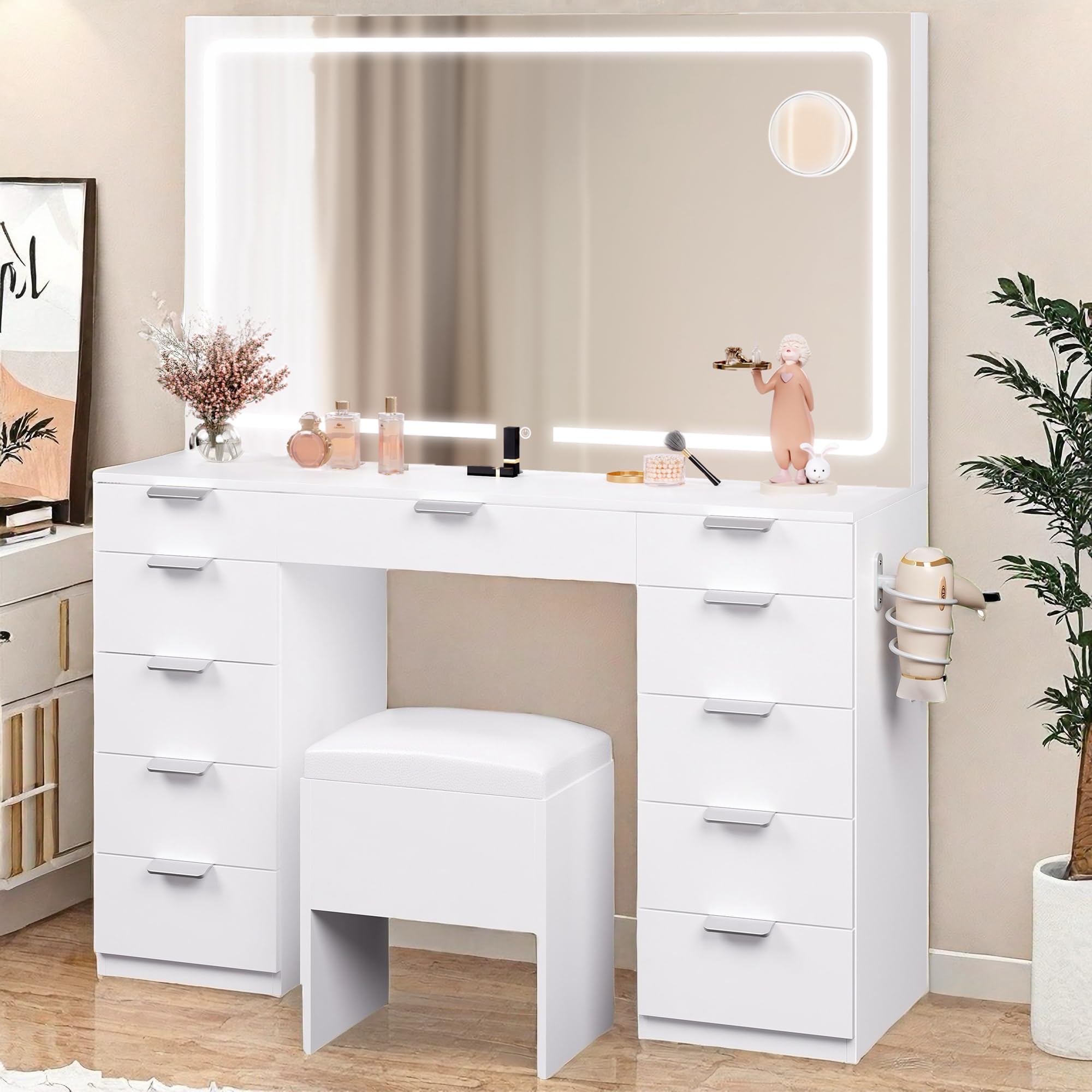 YITAHOME Makeup Vanity with LED Illuminated Mirror & Power Outlet, 46'' Vanity Desk Set Boasting 11 Drawers, Dressing Table with Storage Bench for Bedroom, 3 Lighting Color Adjustable, Off White