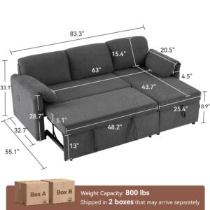 Tbfit Sleeper Sofa Couch with Pullout Bed, 83’’Sofa Bed Couch with Storage Chaise & USB, Egyptian Velvet Convertible Sleeper Sofa, Pull Out Sofa for Living Room, Dark Gray