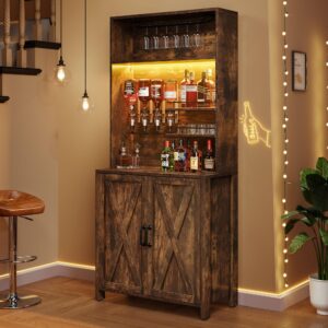 dwvo farmhouse bar cabinet w/led lights, 71" liquor cabinet for glasses, tall wine bar cabinet w/ 4-bottle liquor dispenser & wine rack, kitchen storage cabinet for living room, rustic brown