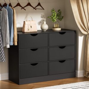 Housoul 6 Drawers Dresser for Bedroom, 6 Fabric PU Drawer Dresser, Black Dresser with Large Organizer, Closet Dresser with 6 Drawers, Chest of Drawers for Closet, Living Room, Hallway, Black