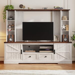 enhomee wood tv stand,wall unit entertainment center with ample storage space and adjustable shelves, tv stands for living room up to 65'', tv console with 2 led lights & power outlets, white