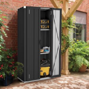 aecojoy cabinet outdoor storage cabinet waterproof with shelves storage shed, vertical tall outdoor garden storage sheds & outdoor storage cabinet storage weatherproof for outside in dark grey