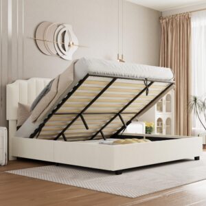 full size bed frame, upholstered lift up bed frame with button tufted headboard, velvet platform bed with solid wooden slats support, no box spring needed, beige