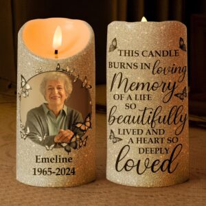 in loving memory of a life so beautifully lived personalized photo candle, custom photo memorial candle for loss of loved one, sympathy flameless candles, bereavement gift candles for prayers