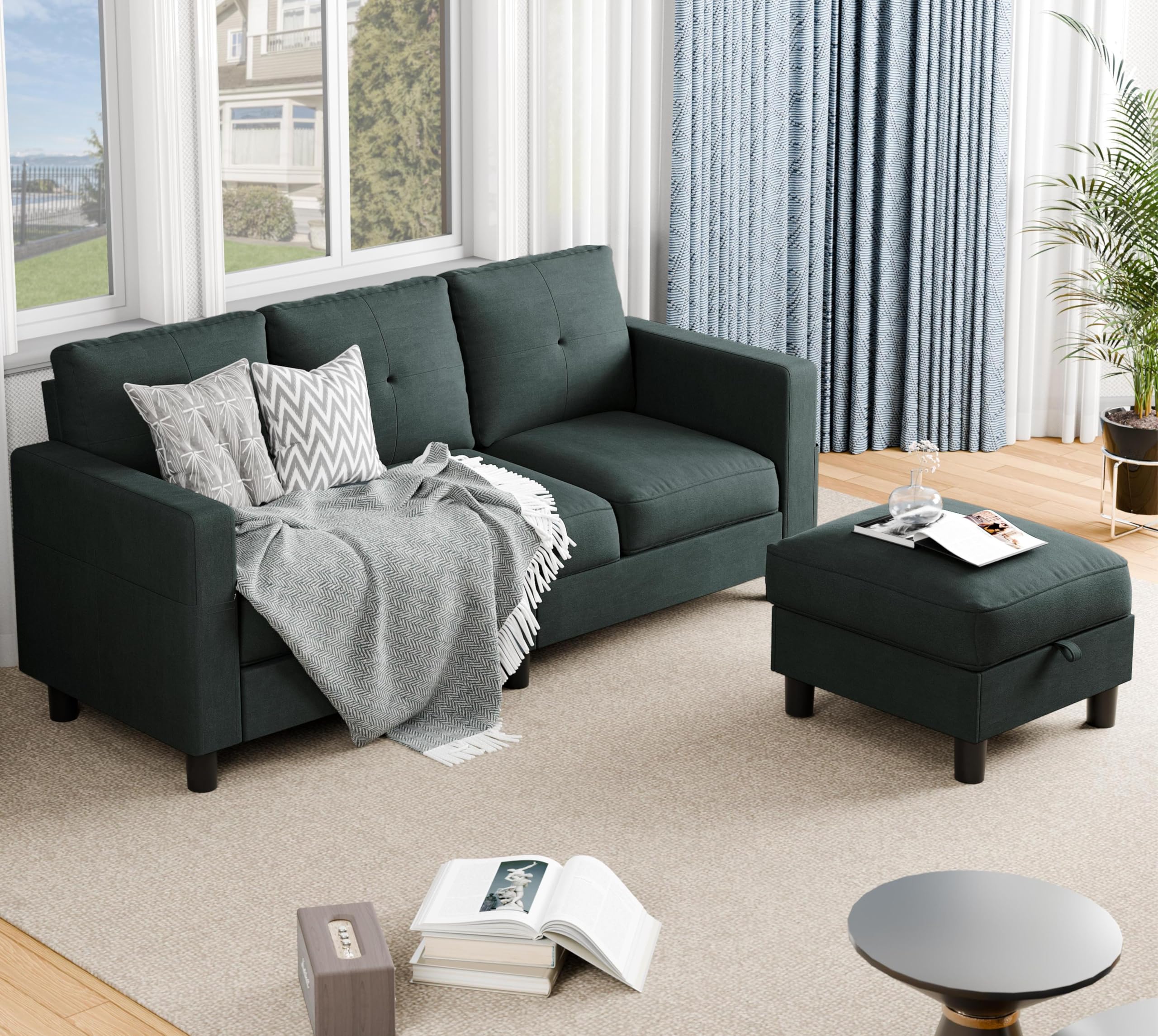 JAMFLY Sectional Sofas Couches for Living Room, L Shaped Couch with Storage Sofa Set, Small Couches for Small Spaces with Movable Ottoman, Dark Grey