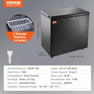 VEVOR Chest Freezer, 10 Cu.ft Compact Deep Freezer, Free Standing Top Open Door Compact Freezers with 2 Removable Baskets & Adjustable Thermostat, Energy Saving & Low Noise, Black